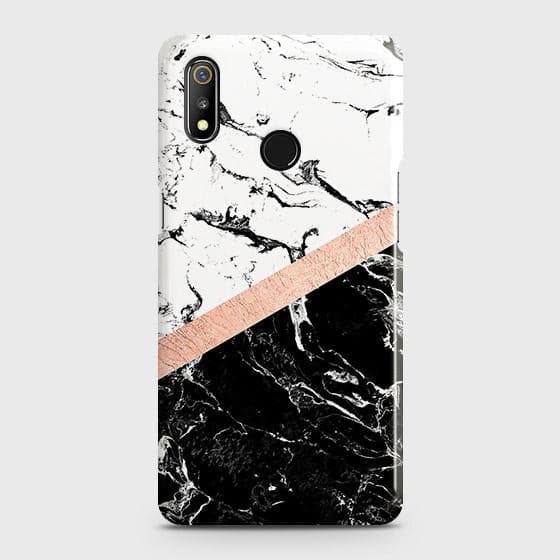 Realme 3 Cover - Black & White Marble With Chic RoseGold Strip Case wi ...