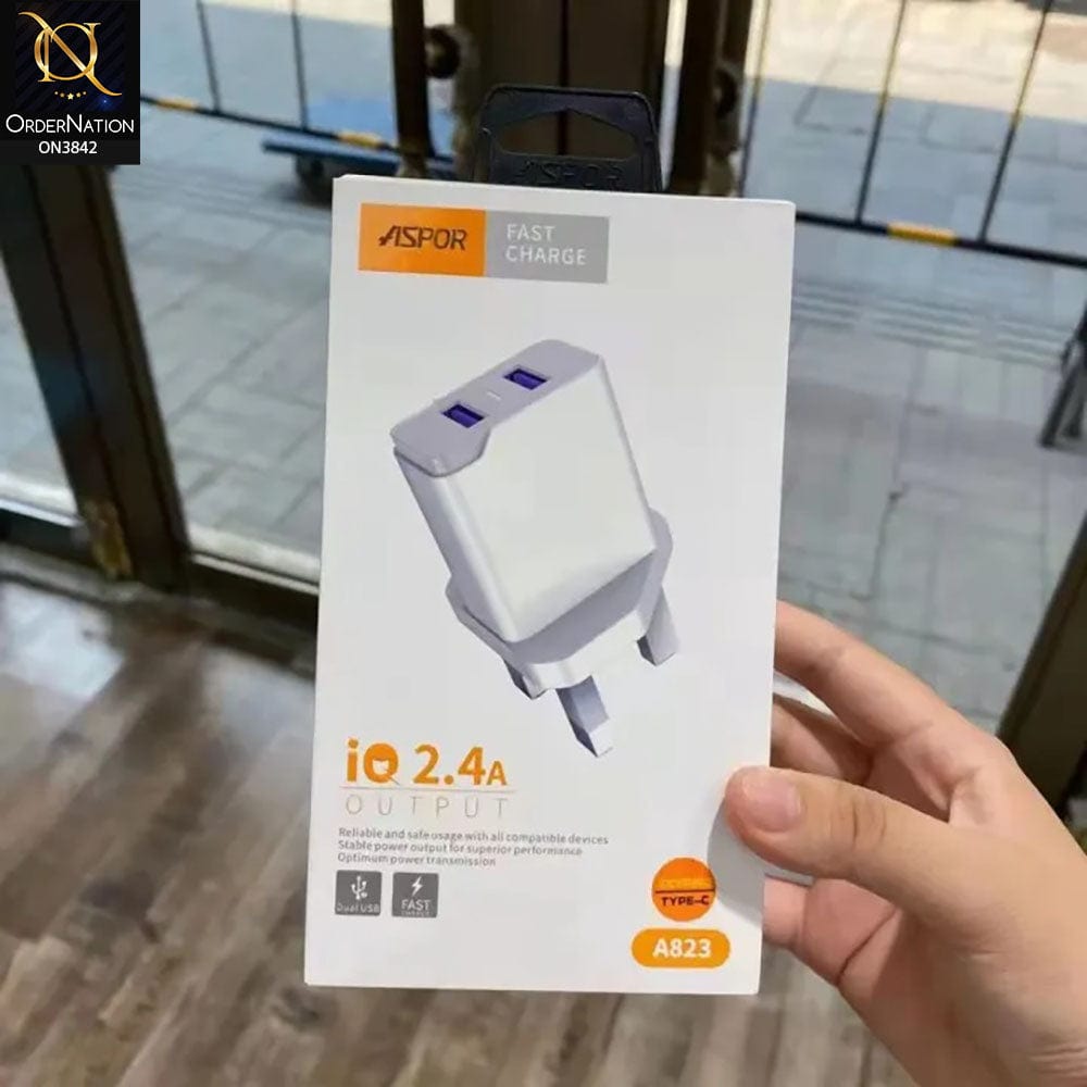 ASPOR A823 DUAL USB 2.4 A IQ Home Charger LED Blue Light 2 USB - White – OrderNation