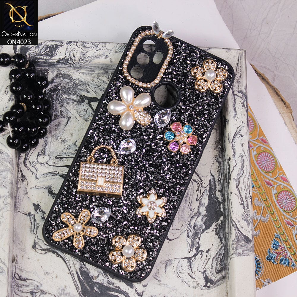 Oppo A53s Cover - Black - New Bling Bling Sparkle 3D Flowers Shiny Gli ...