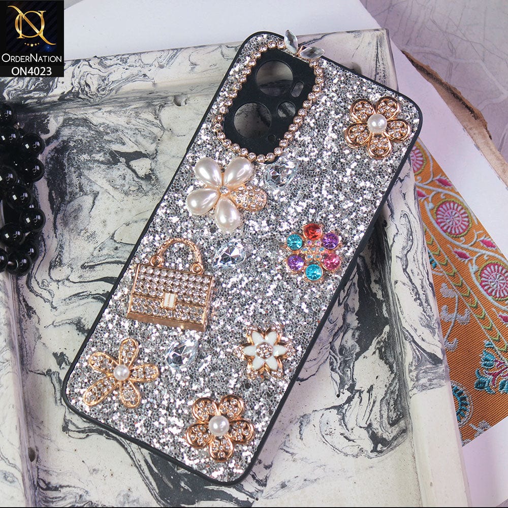 Oppo A36 Cover - Silver - New Bling Bling Sparkle 3D Flowers Shiny Gli ...