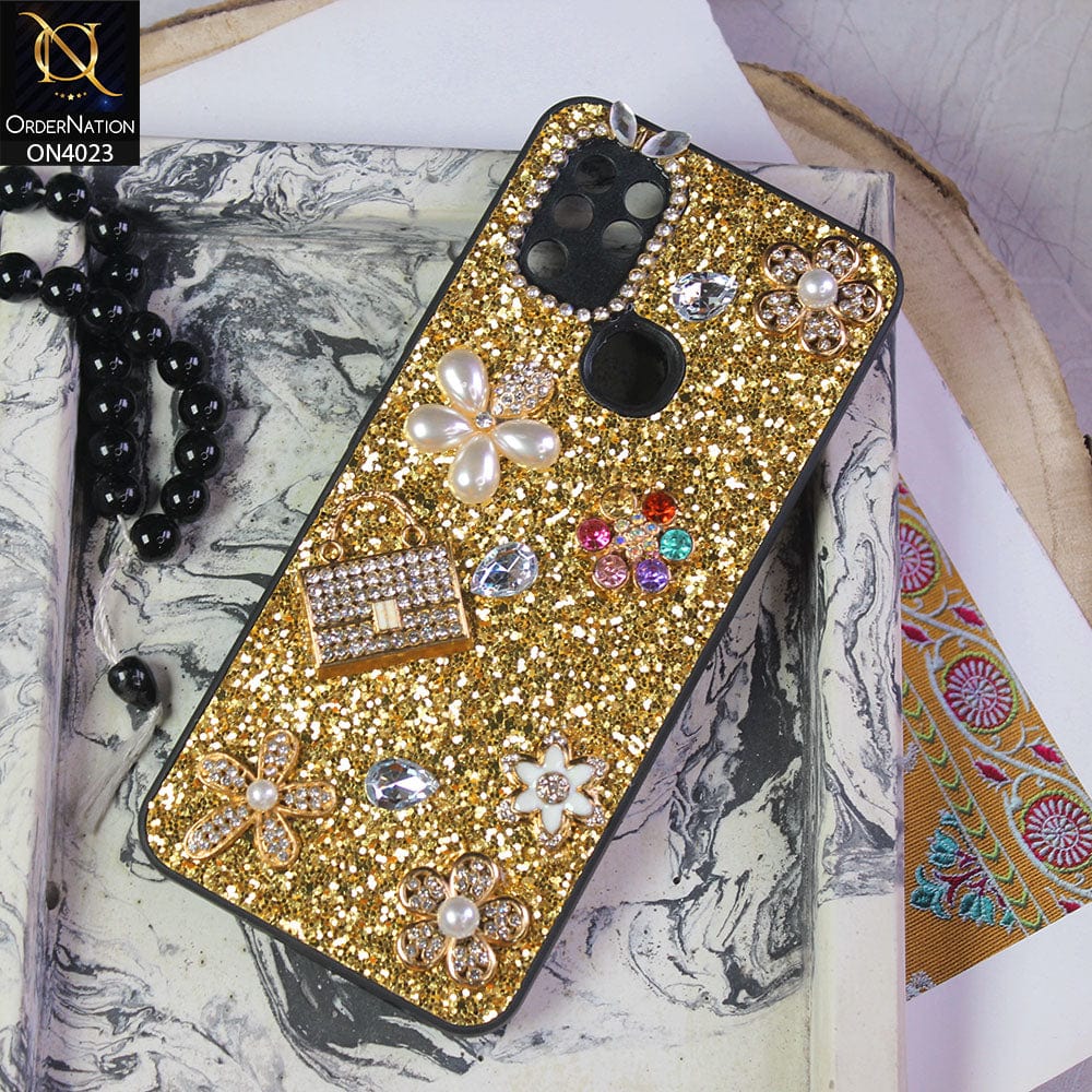 Infinix Hot 10 Cover - Golden - New Bling Bling Sparkle 3D Flowers Shi ...